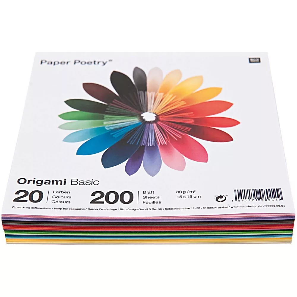 Origami papír 15x15 cm - 20 színű, 200 lapos gazdaságos kész