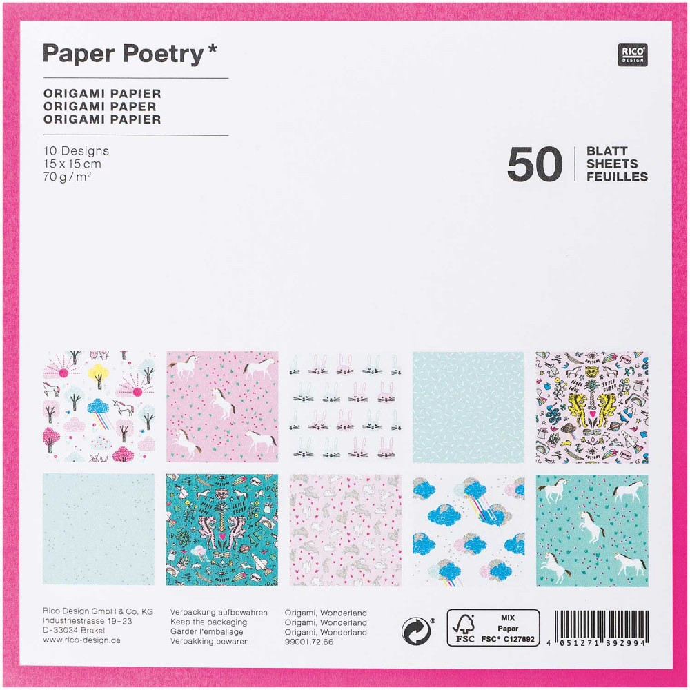 Origami papír 15x15 cm - 50 lapos készlet - Csodák, 10 féle
